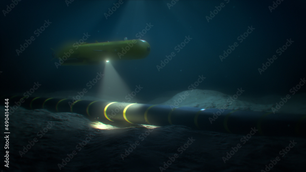 Autonomous underwater vehicle (AUV) rover-drone inspecting a submarine ...