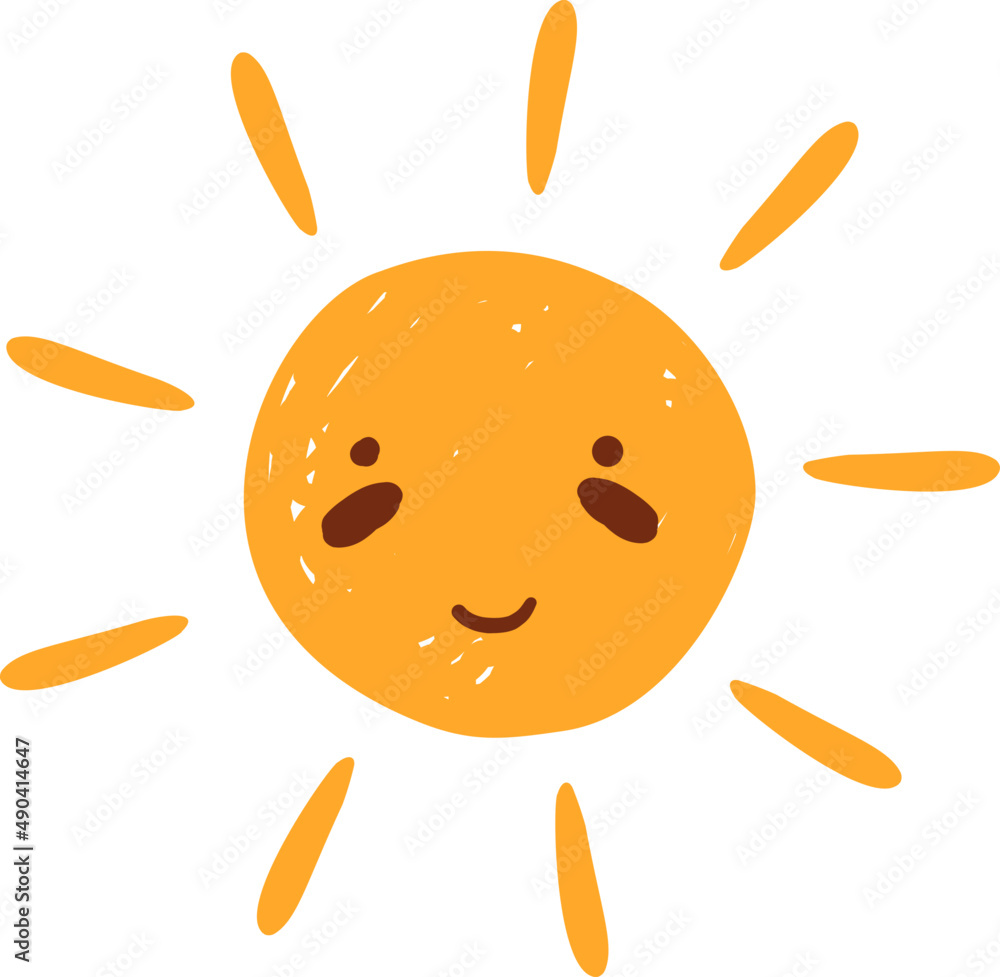 Yellow Smiling doodle sun, nature sketch illustration with open eyes ...