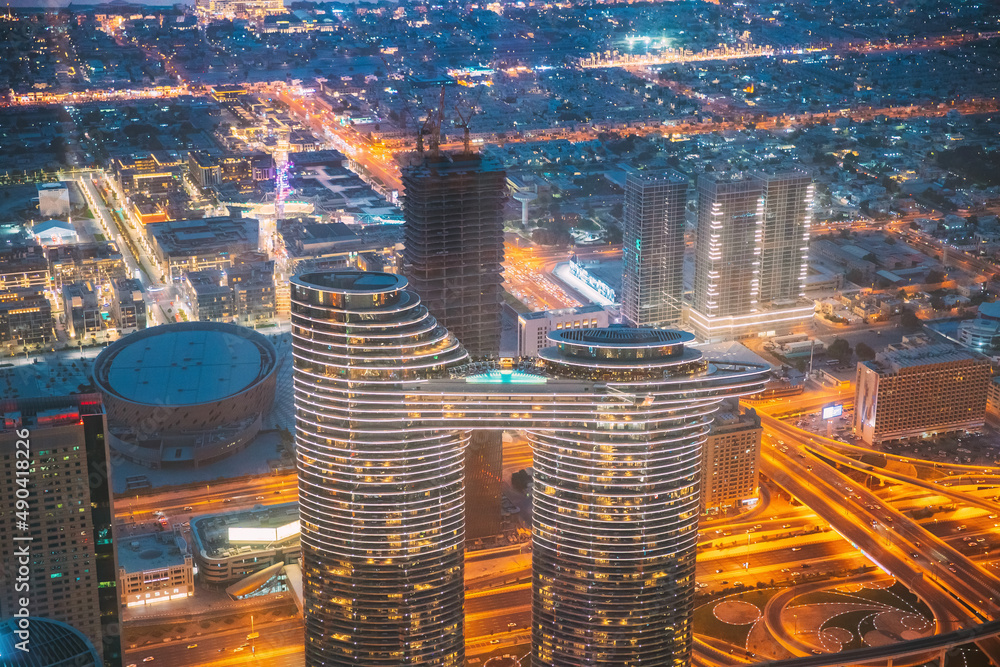 Street Night Yellow Illumination In Dubai. Evening Night City Traffic Of Skyline Dubai. Aerial ...