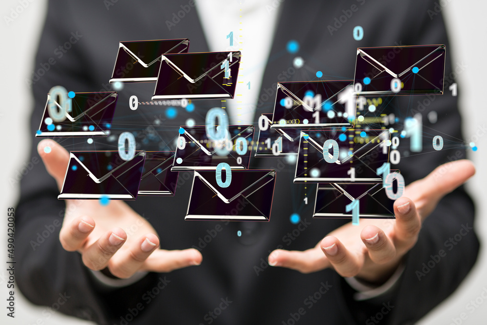Abstract virtual postal envelopes sketch on blurry office buildings ...