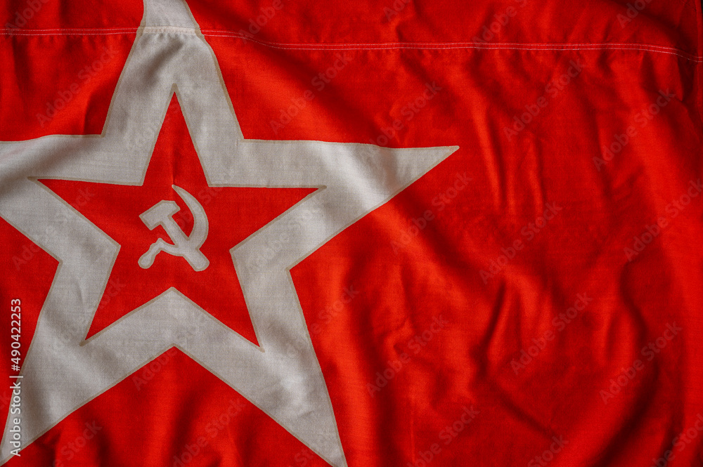 Poster Red hammer and sickle flag, symbol for the communist movement ...