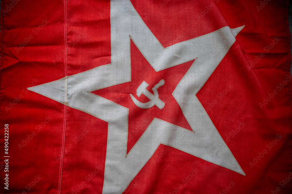 Poster Red hammer and sickle flag, symbol for the communist movement ...