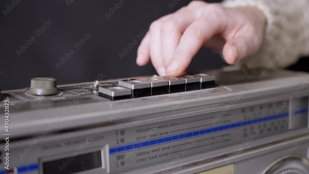 Female Fingers Pressing Buttons on an Old Vintage Retro Tape Recorder ...