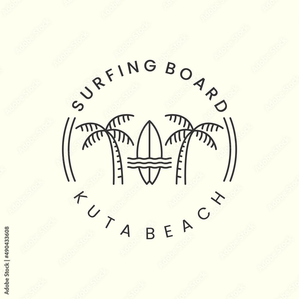 Stockvector surfing board with emblem and line art style logo icon ...