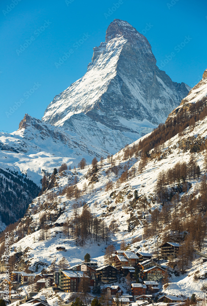 Snowing in Zermatt traditional Swiss ski resort under the Matterhorn ...