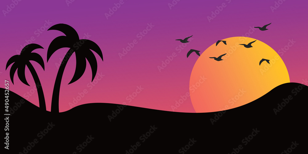 Vector purple sunset background silhouettes. Summer vacation background ...