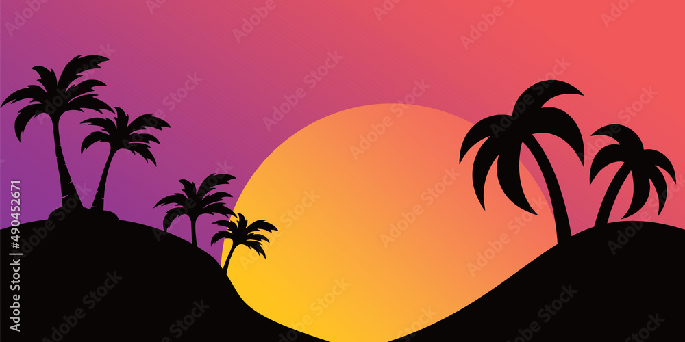 Vector purple sunset background silhouettes. Summer vacation background ...