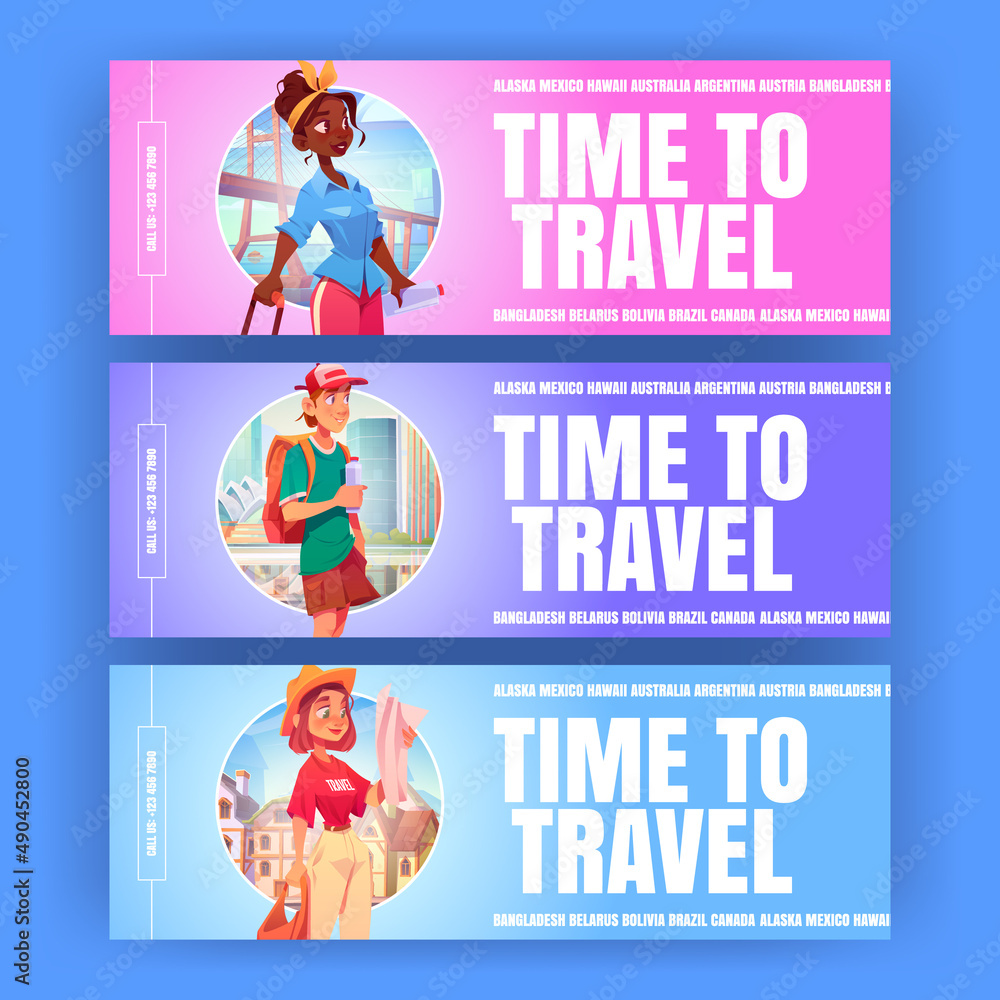 Time to travel cartoon banners. Tourists backpackers learning map ...