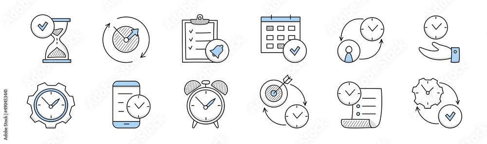 Time management doodle icons with clock, gear and calendar. Vector hand ...