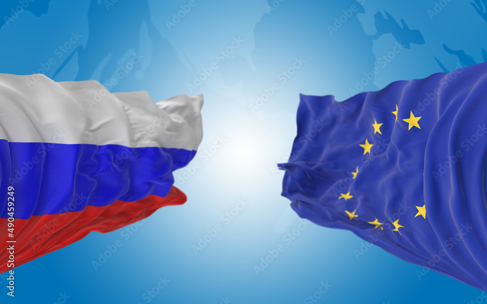 Russian and European Union Flags are Paired Together and Standing Side ...