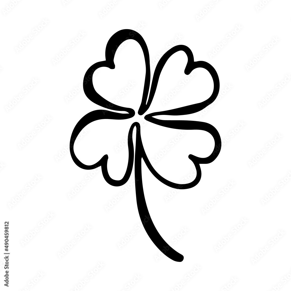 Black line doodle four leaf clover. Vector Outline illustration. Nature ...
