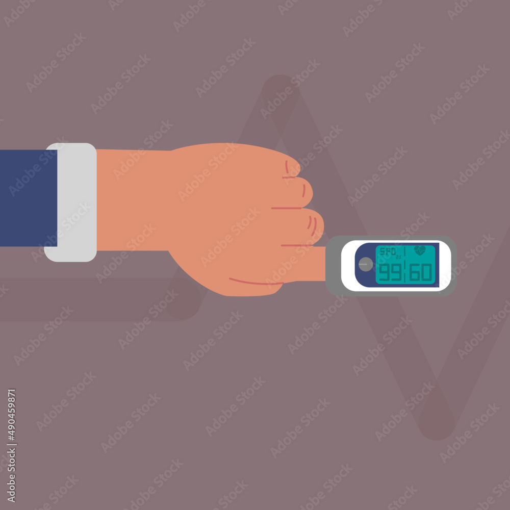 flat design Oximeter on finger. Measurement of pulse and saturation of ...