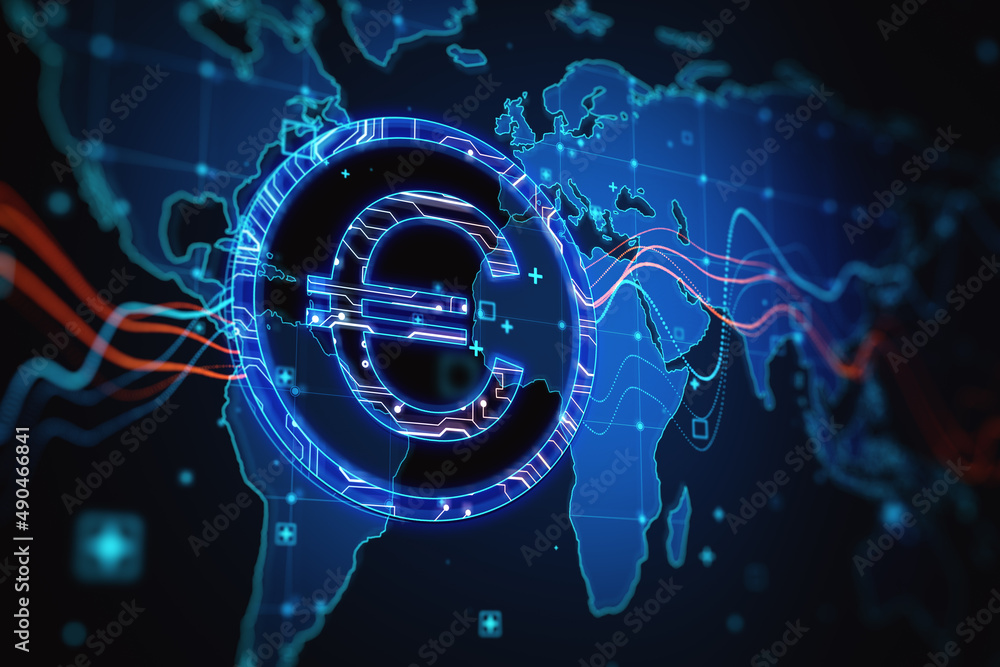 Abstract glowing blue euro sign and map with charts on blurry backdrop ...
