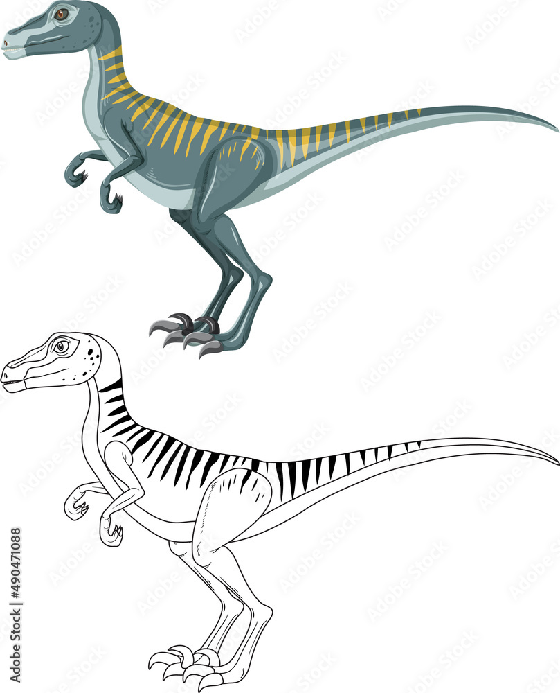 Velociraptor dinosaur with its doodle outline on white background Stock ...