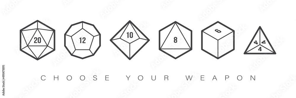 Vector circle line dice set. 20, 12, 10, 8, 6 and 4 sided. Board games ...