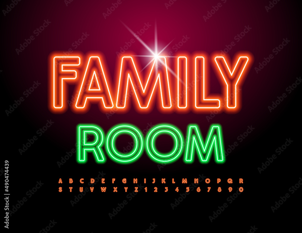 Vector Neon logo Family Room. Modern Glowing Font. Creative Alphabet ...