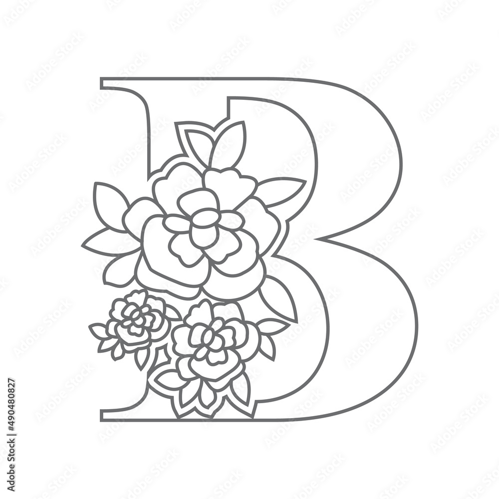 Floral alphabet letter B coloring book for kids. Vector illustration of ...