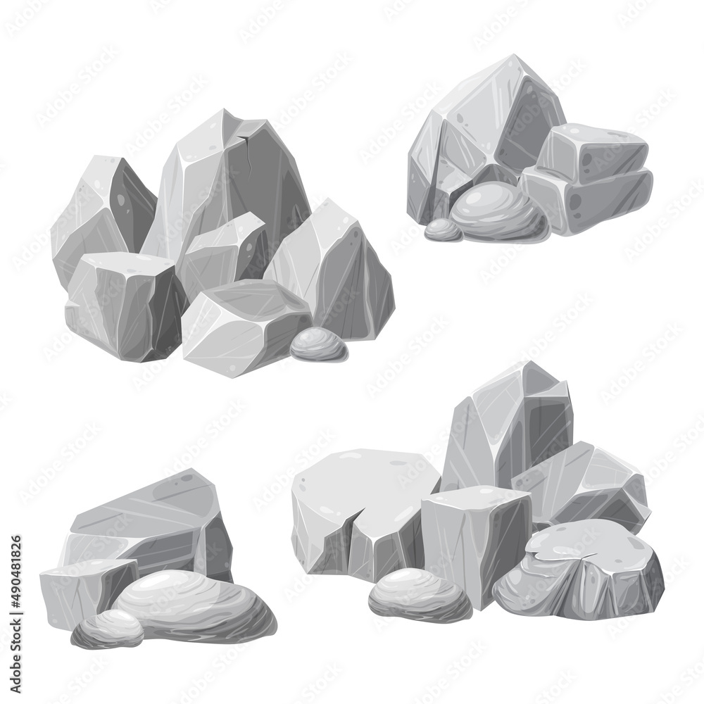 Rocks and debris of the mountain. granite cobbles, boulders on white ...