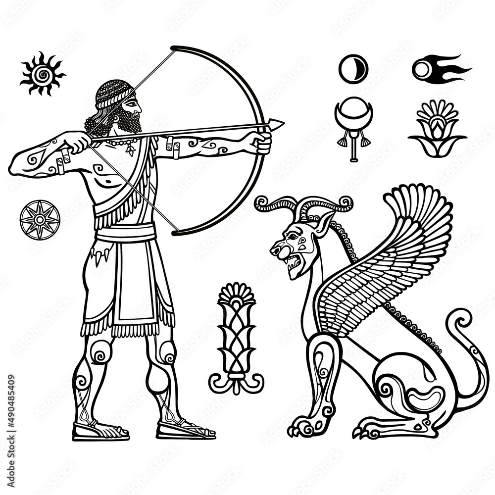 Image of the ancient archer and mythical animal. Full growth. Black and ...