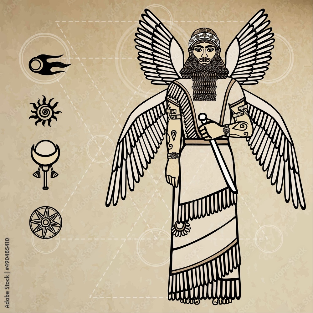 Ancient Assyrian winged deity. Character of Sumerian mythology. Space ...