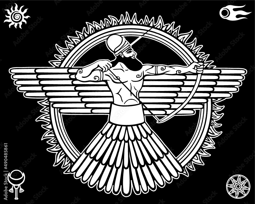 Image of an ancient deity.Set of esoteric symbols. The white linear ...