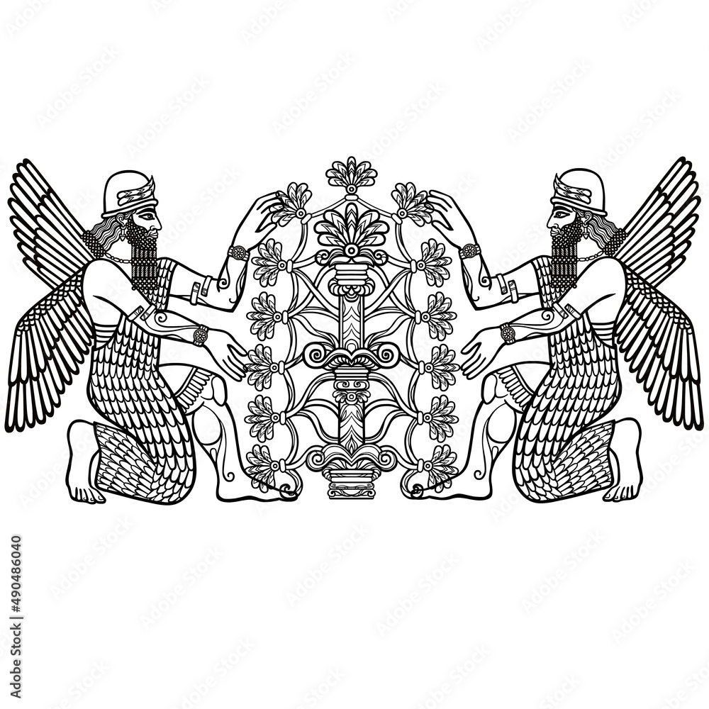 silhouette of the Assyrian deities collects fruits from a fantastic ...