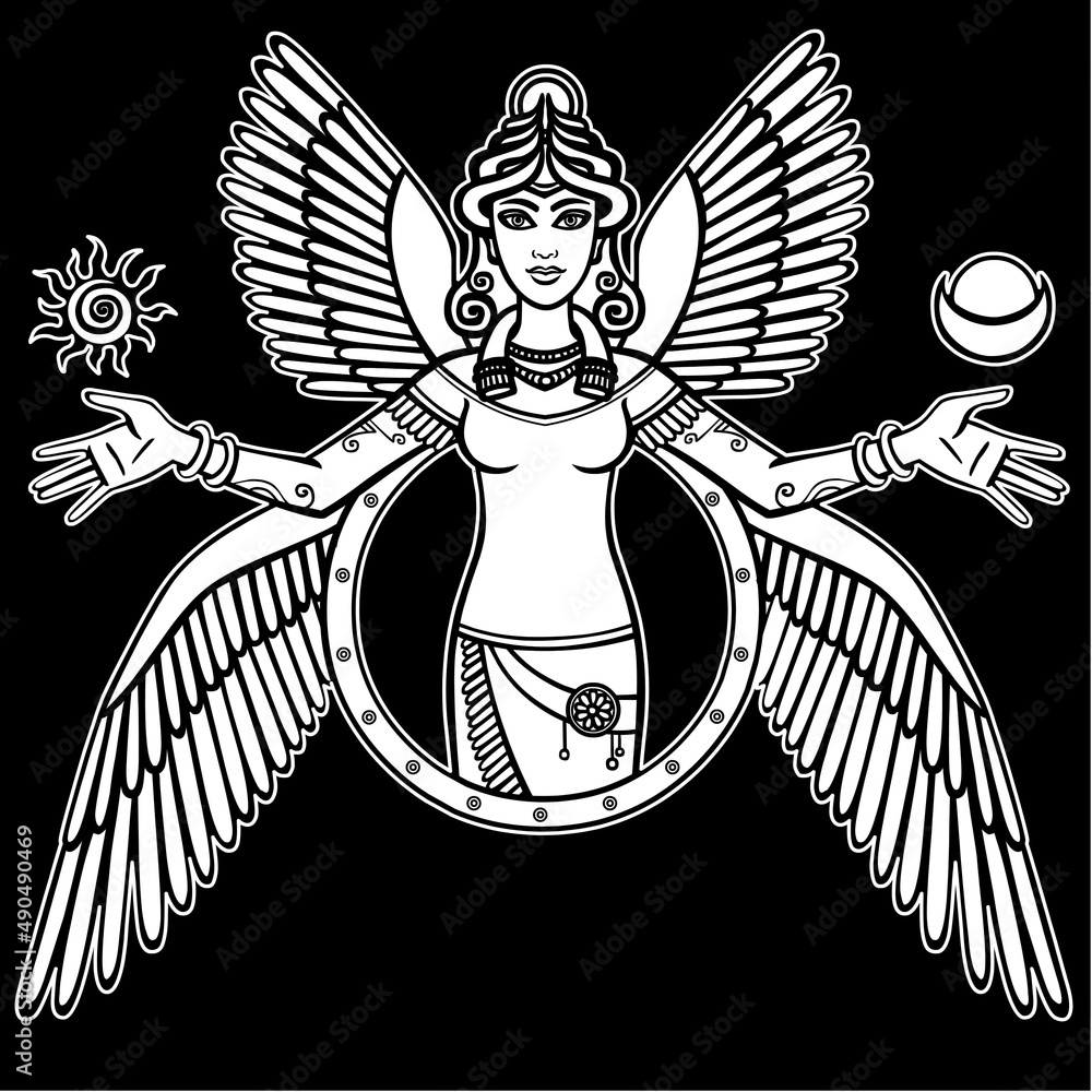 Vector illustration: the stylized goddess Ishtar. Character of Sumerian ...