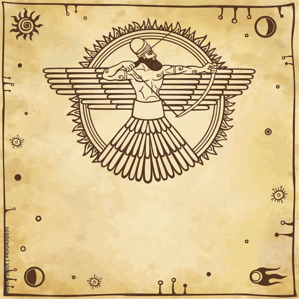 Image of an ancient deity. Winged archer. Background - imitation of old ...