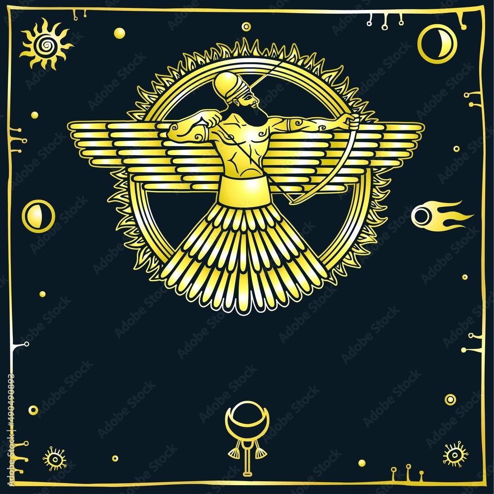 Image of an ancient deity. Winged archer. Black background, space ...