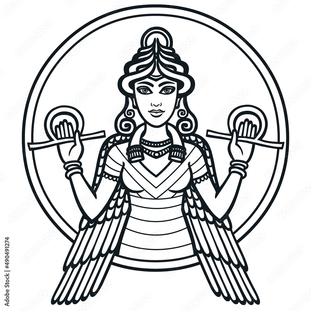 stylized goddess Ishtar. The black silhouette isolated on a white ...