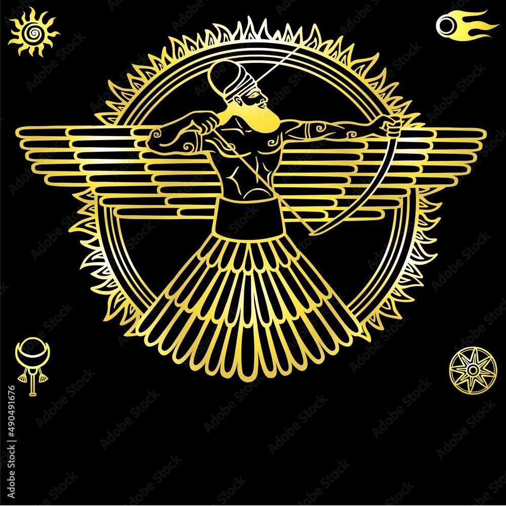 Image of an ancient deity.Set of esoteric symbols. The yellow drawing ...