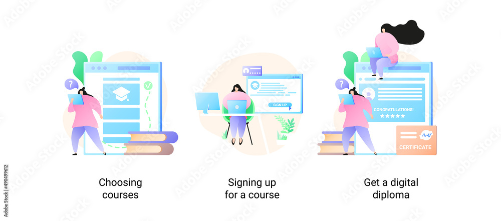 Distance education isolated cartoon vector illustrations set. Choosing ...