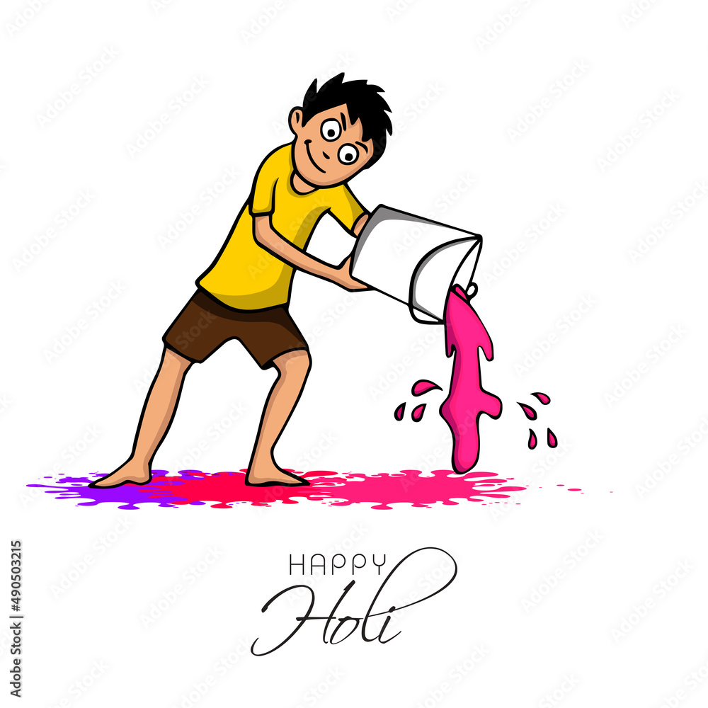 Cartoon Boy Pouring Liquid Color From Bucket On White Background For ...