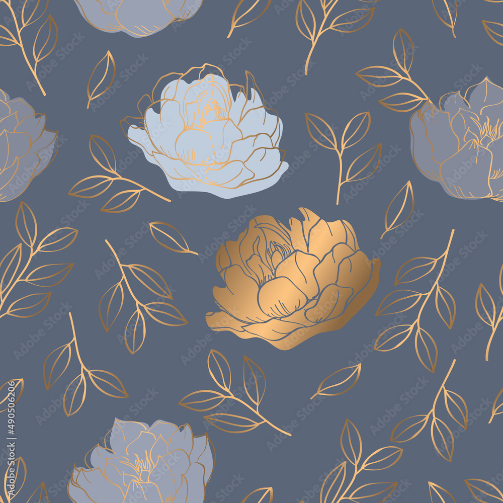 Modern seamless pattern. Grey and gold spring flowers. Dark grey floral ...