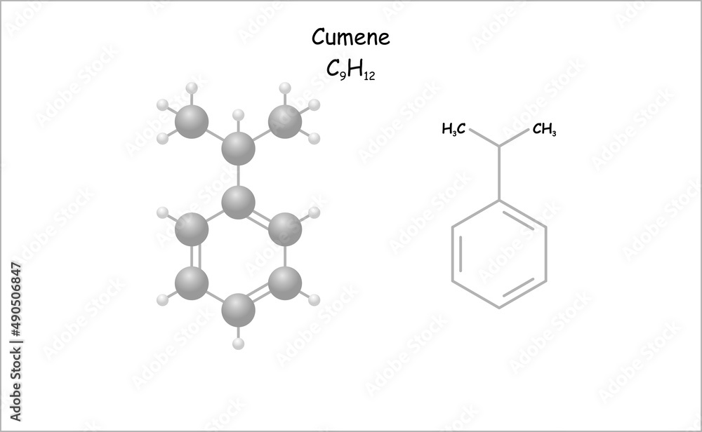 Vetor de Stylized molecule model/structural formula of cumene. Use for ...
