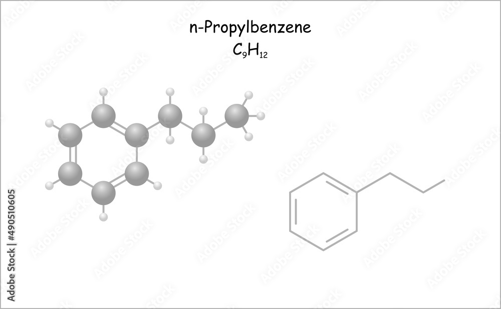Stylized molecule model/structural formula of n-Propylbenzene. Use for ...