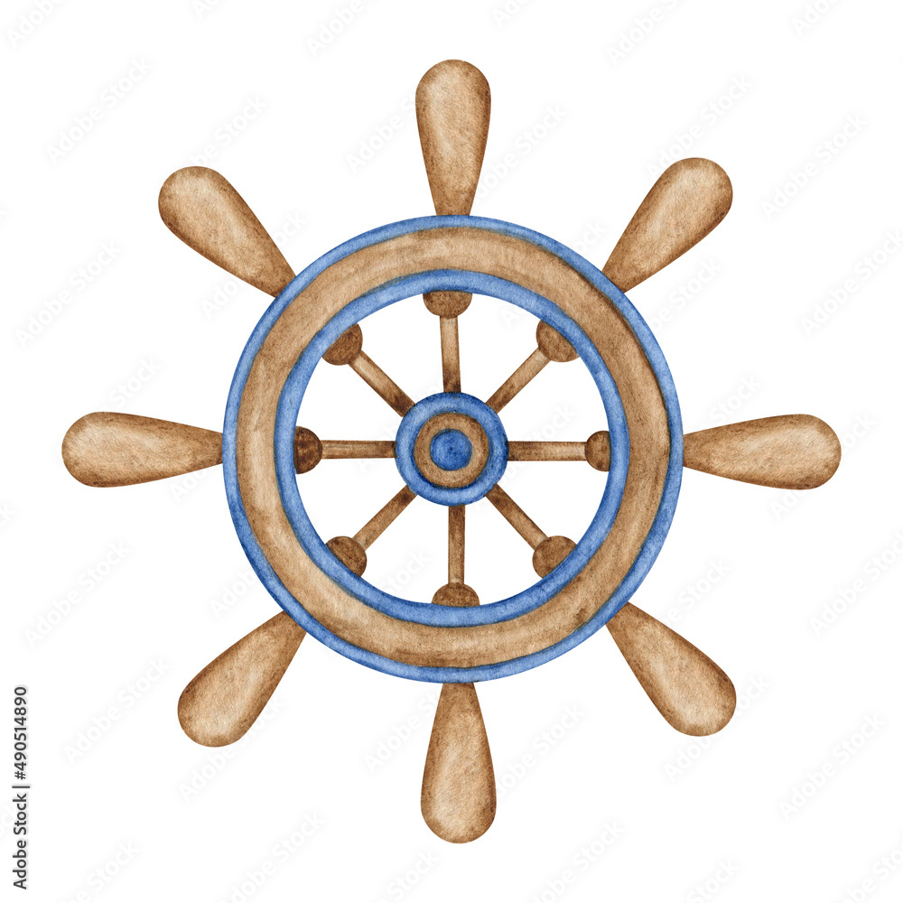 cartoon helm illustration. Watercolor wooden hand drawn wheel clipart ...