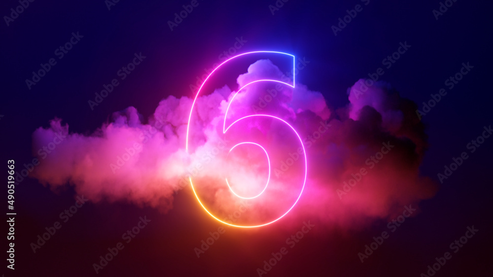 3d render, neon linear number six and colorful cloud glowing with pink ...