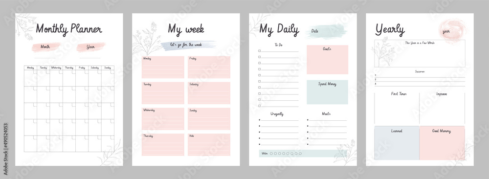 4 Set of minimalist planners. Daily, weekly, monthly planner template ...