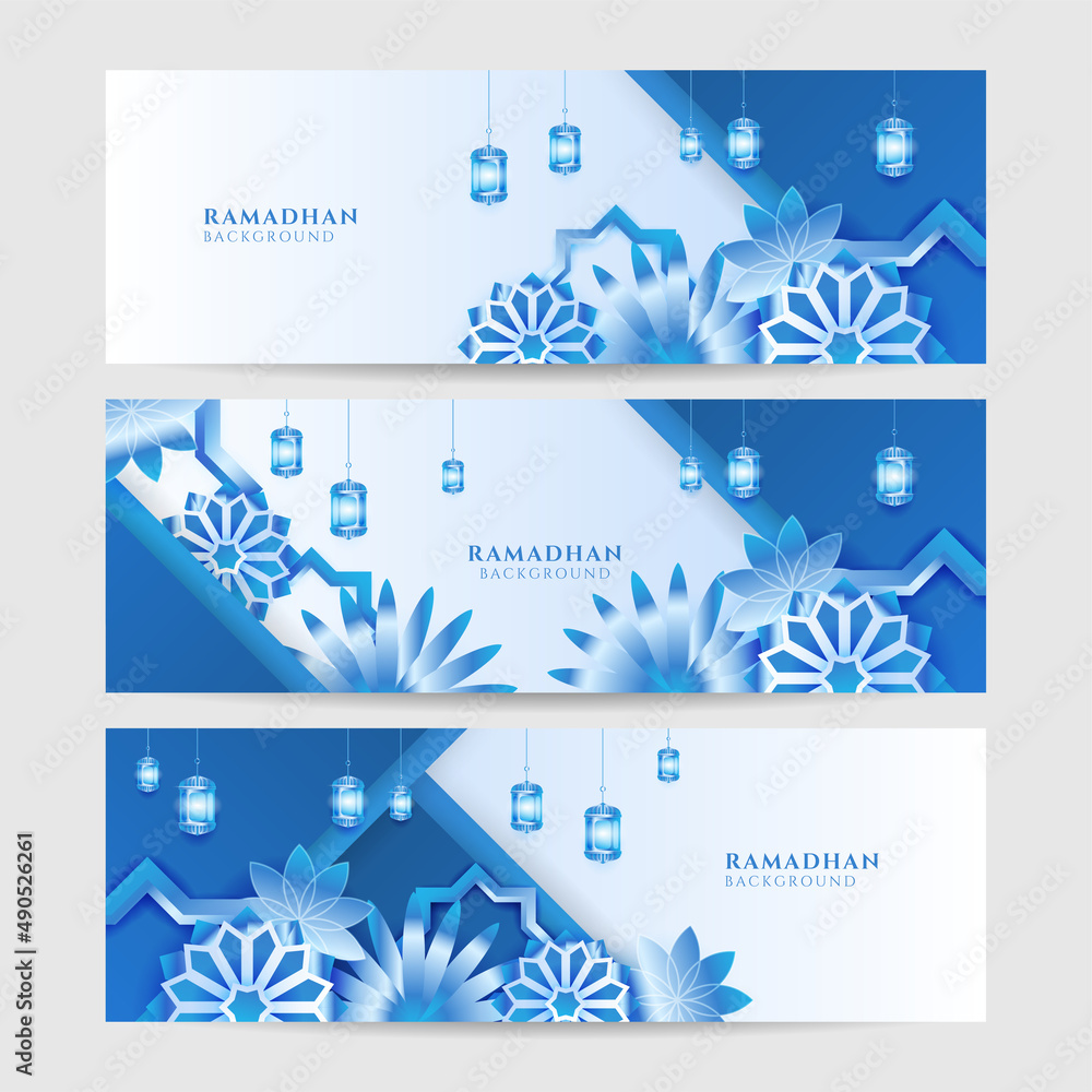 Set of Ramadhan blue colorful wide banner design background. Islamic ...
