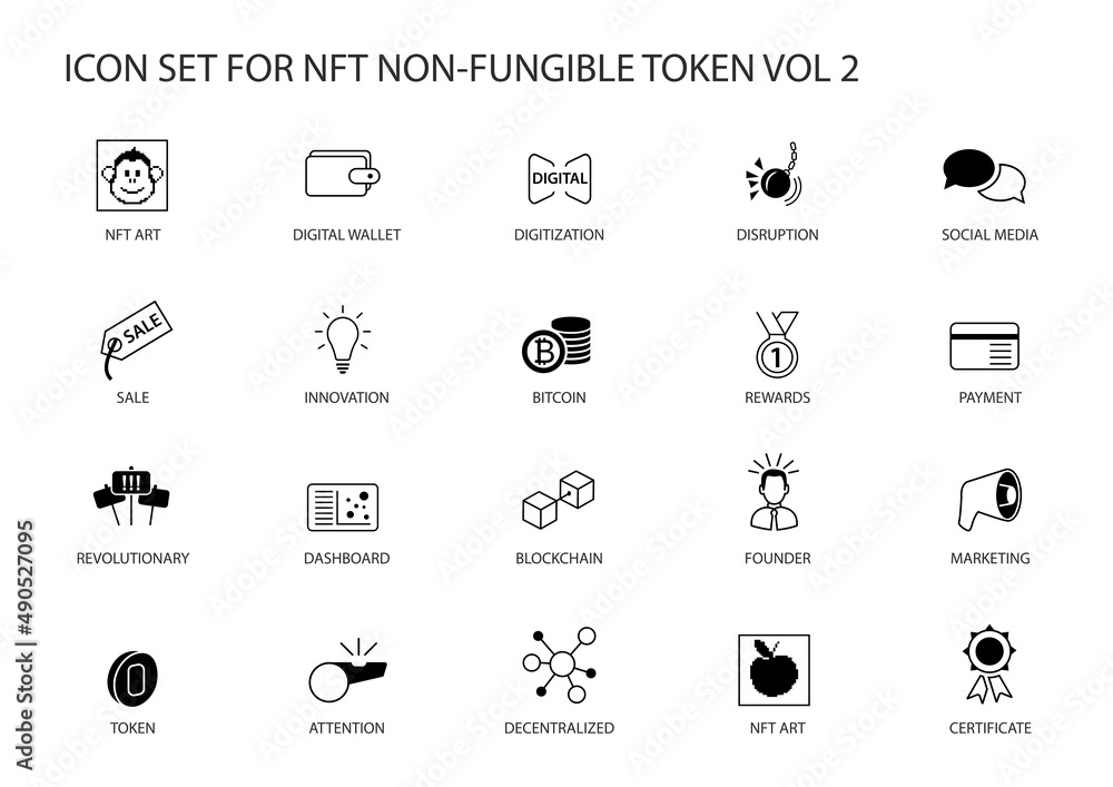NFT Non-Fungible Token vector icon set for infographics. Contains ...
