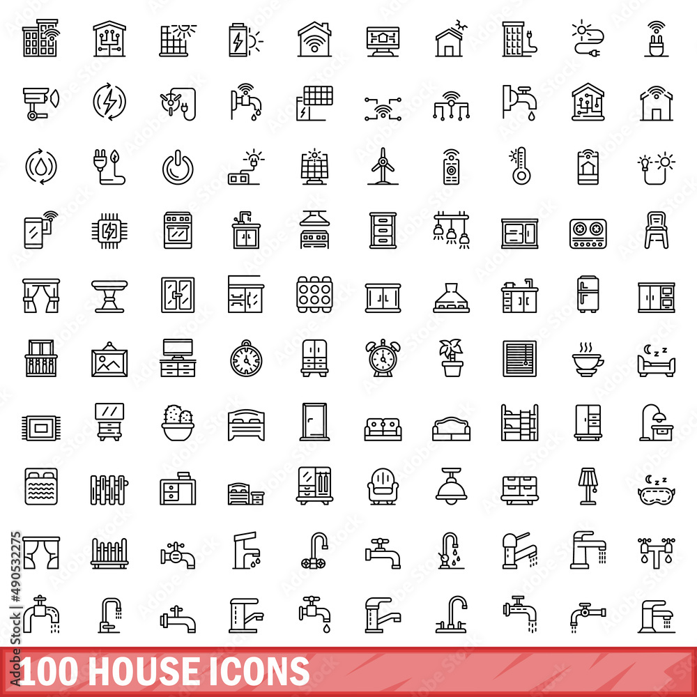 100 house icons set. Outline illustration of 100 house icons vector set ...
