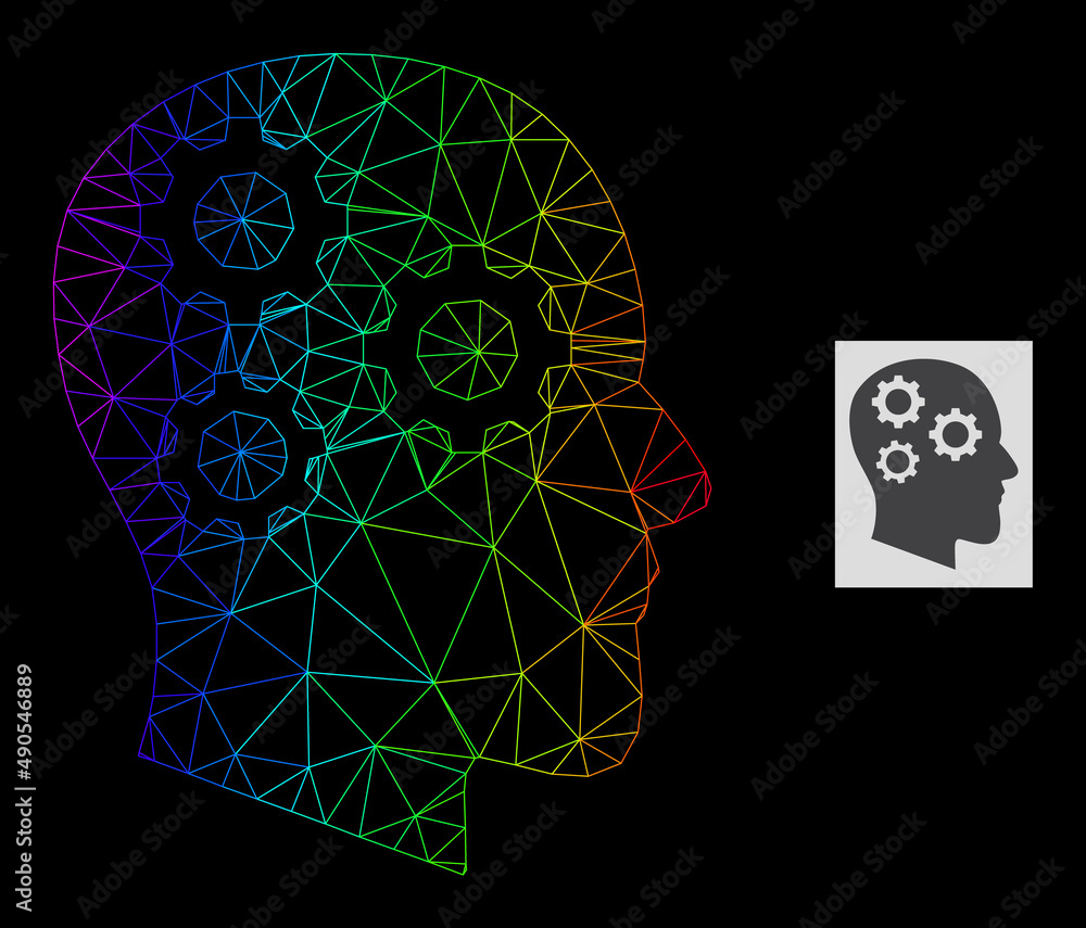 Spectral gradient network brain gears icon. Geometric carcass flat net ...