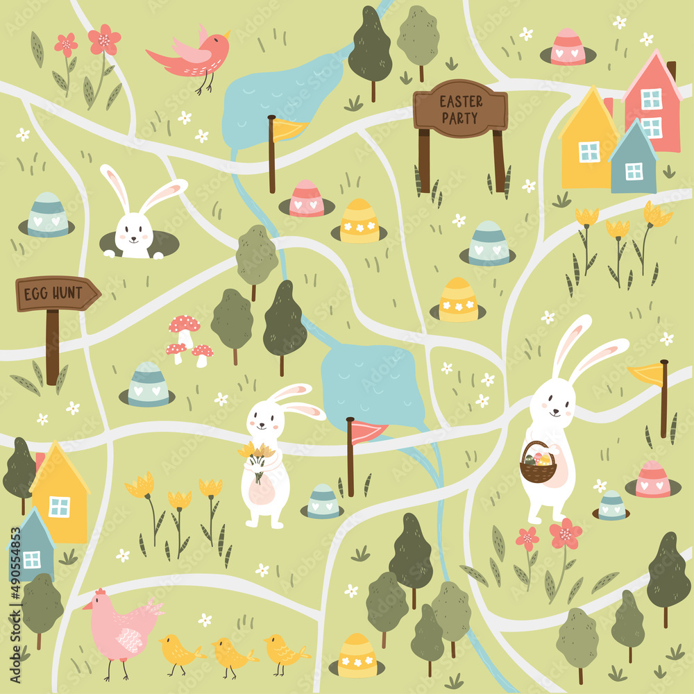Cute Easter Egg hunt design, map for children, hand drawn with cute ...