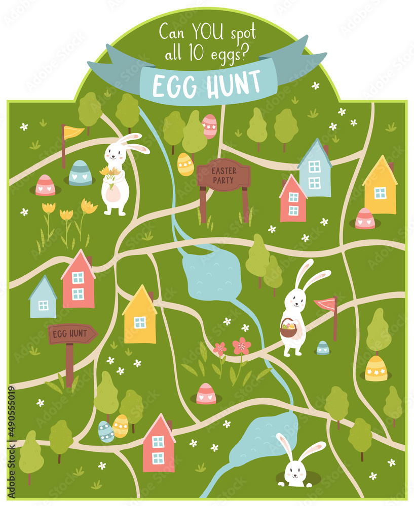 Cute Easter Egg hunt design, map for children, hand drawn with cute ...