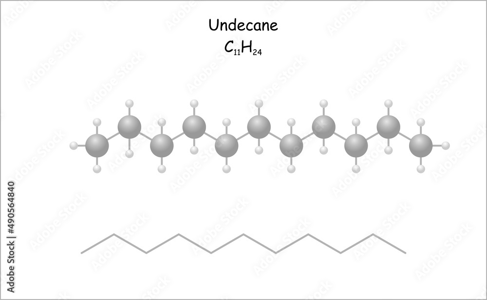 Stylized molecule model/structural formula of the hydrocarbon undecane ...