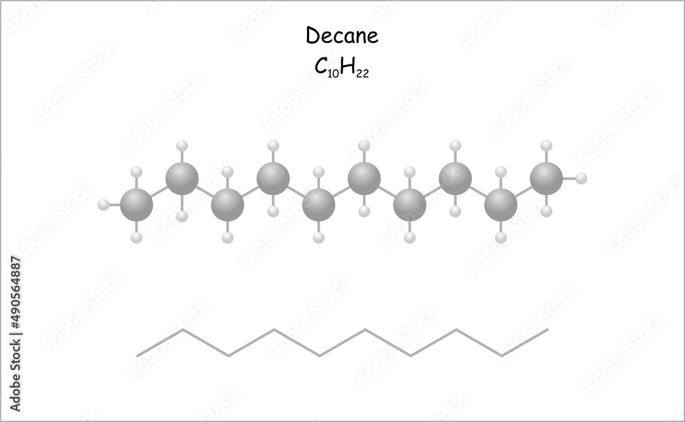 Stylized molecule model/structural formula of the hydrocarbon decane ...