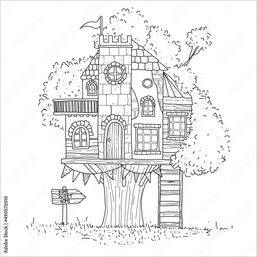 Hand drawn coloring page. Cute treehouse with grass, tree, stairway ...