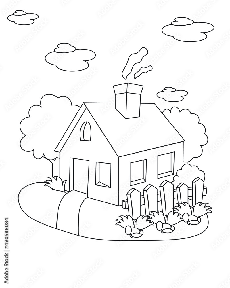 Easy Simple house Coloring page. modern House line art design. line art ...