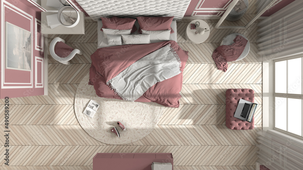 Classic bedroom in red tones with modern furniture, parquet, velvet ...